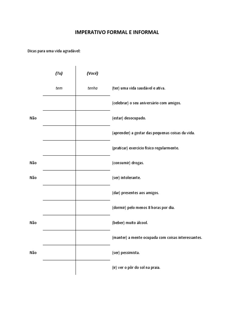 Português PLE Exercício Imperativo Formal e Informal | PDF