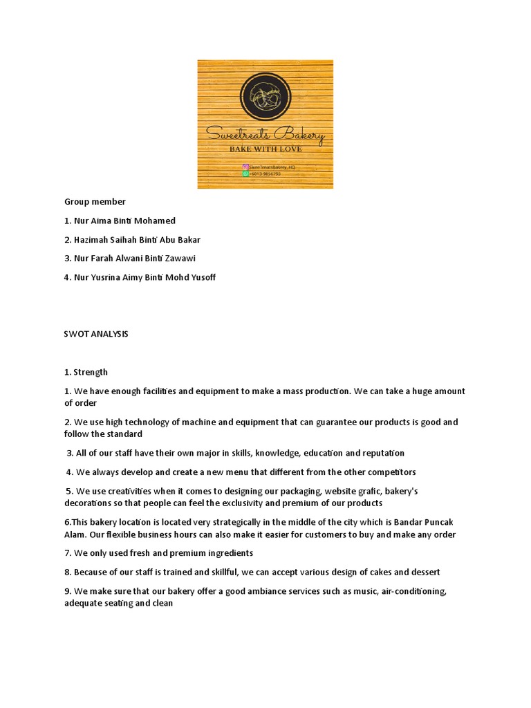 Swot Analysis Sweetreats Bakery | PDF | Bakery | Business Economics