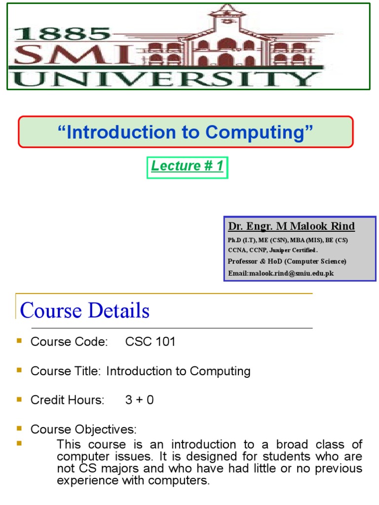 "Introduction To Computing": Lecture # 1 | PDF | Operating System | Input/Output
