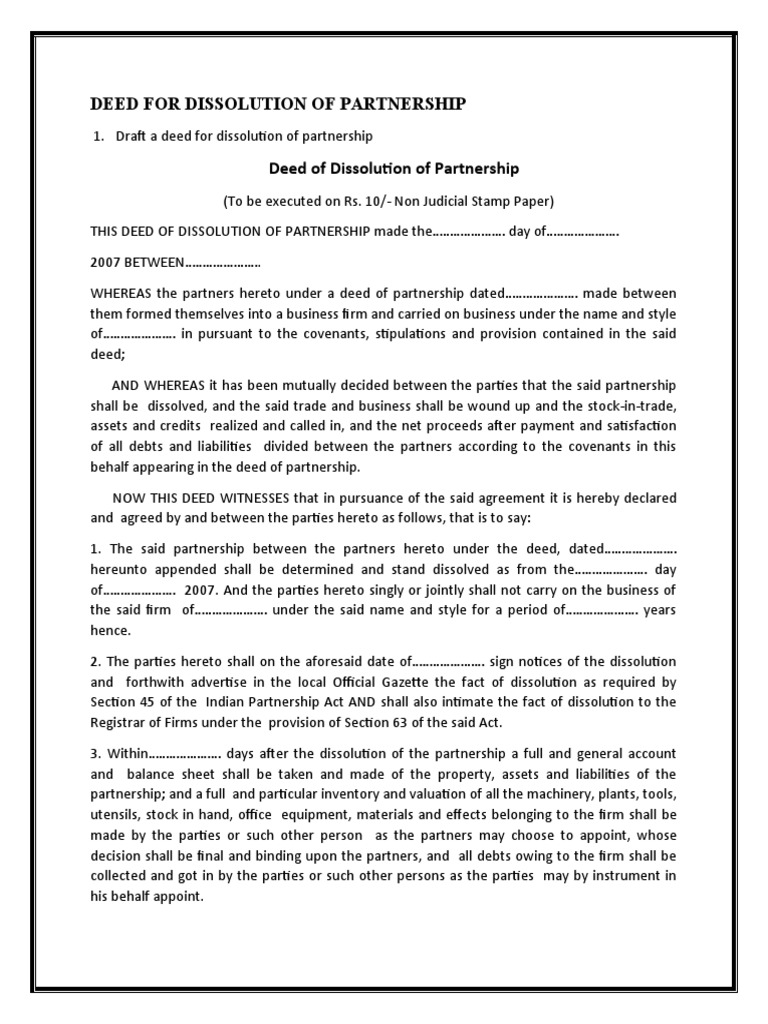 Partnership Dissolution Deed Template | PDF | Partnership | Liquidation