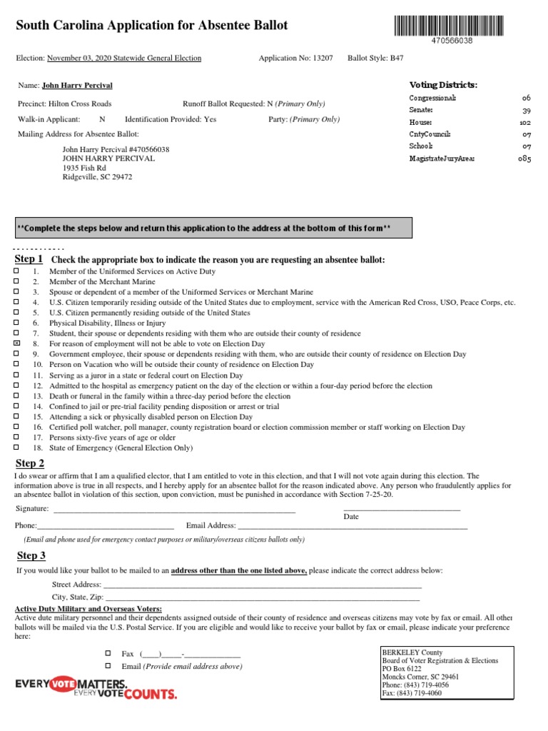 South Carolina Application For Absentee Ballot: Step 1 | PDF | Absentee ...