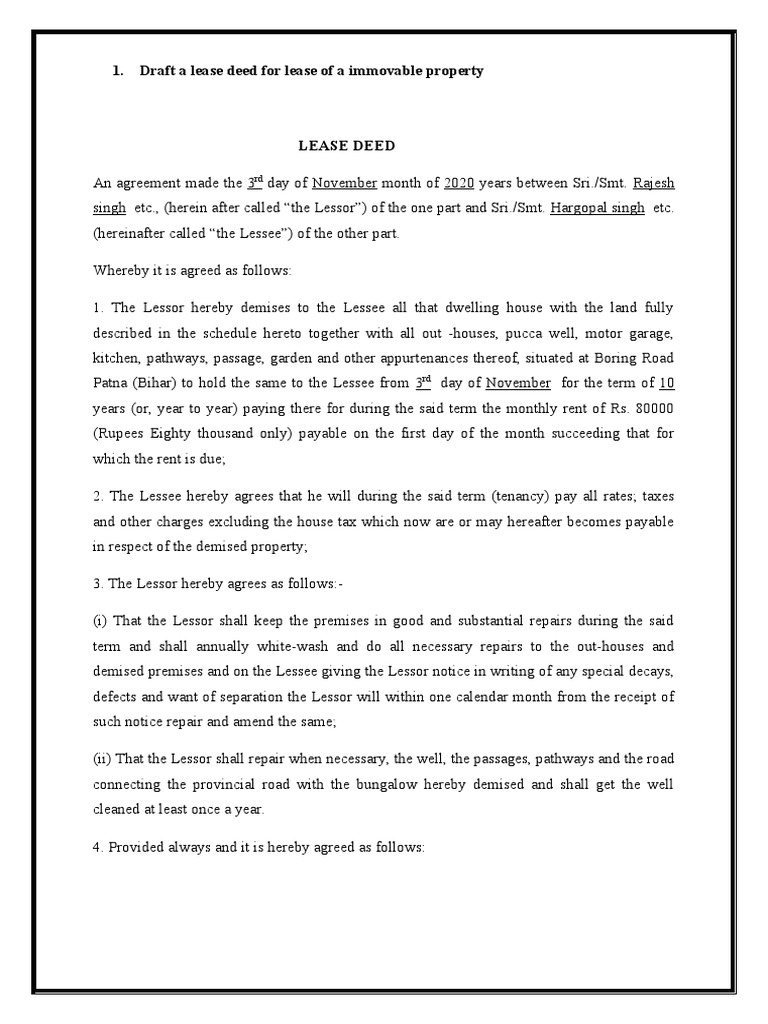Draft A Lease Deed For Lease of A Immovable Property | PDF | Lease ...