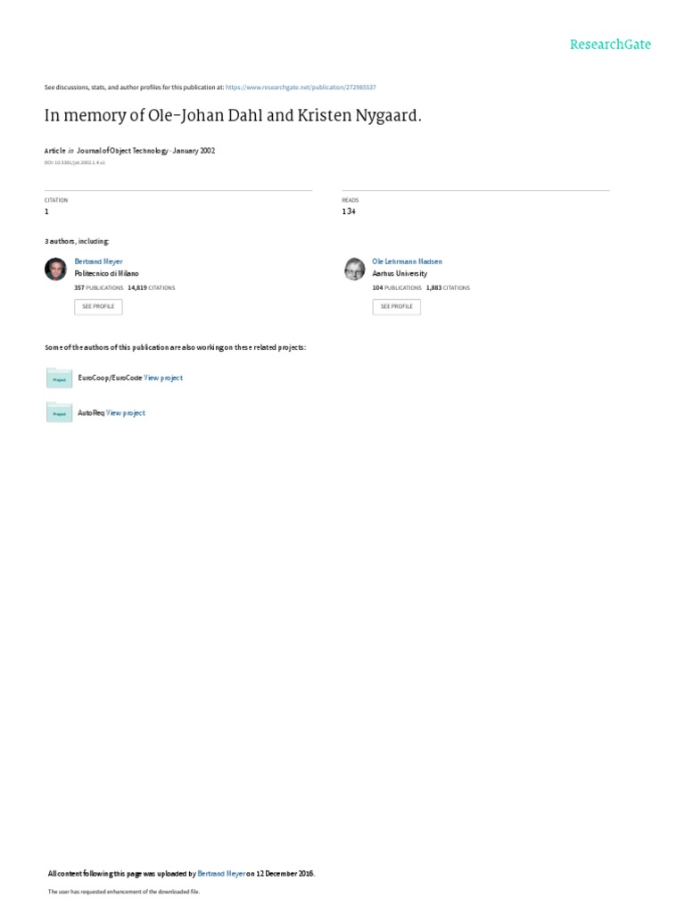 In Memory of Ole-Johan Dahl and Kristen Nygaard | PDF | Object Oriented ...