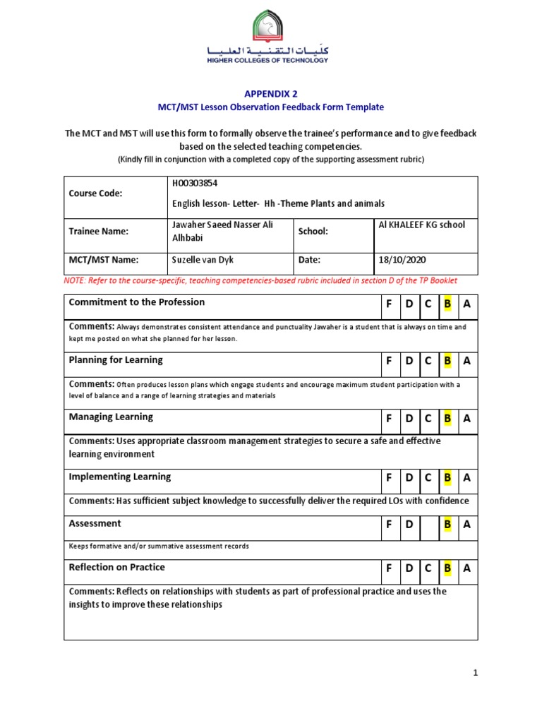 Appendix 2: MCT/MST Lesson Observation Feedback Form Template | PDF ...