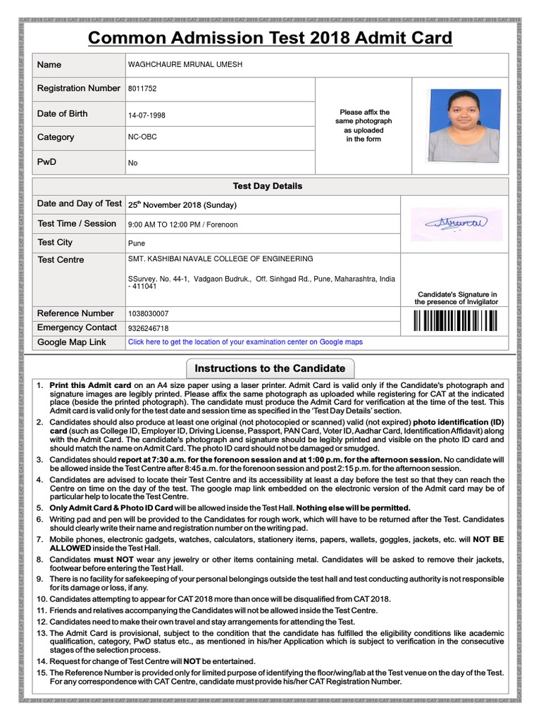 Common Admission Test 2018 Admit Card: Name Registration Number | PDF ...