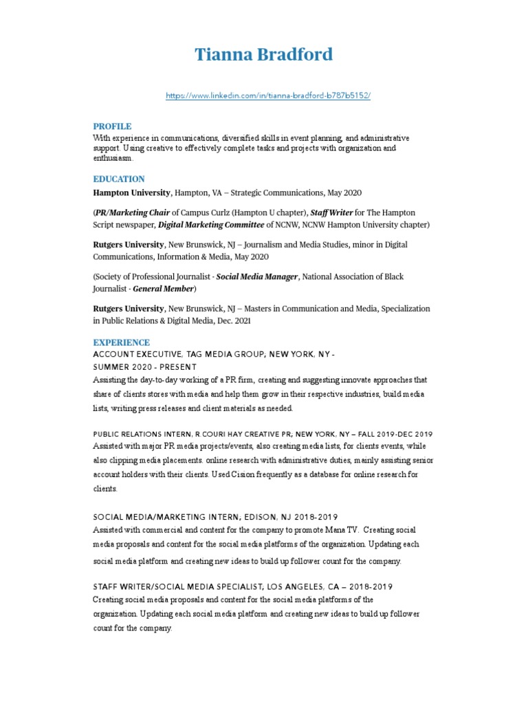 Tianna Bradford - Resume | PDF | Public Relations | Social Media