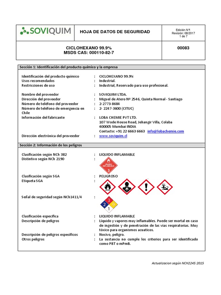 Hoja de Seguridad del Ciclohexano 99.9% | PDF | Contaminante | Agua