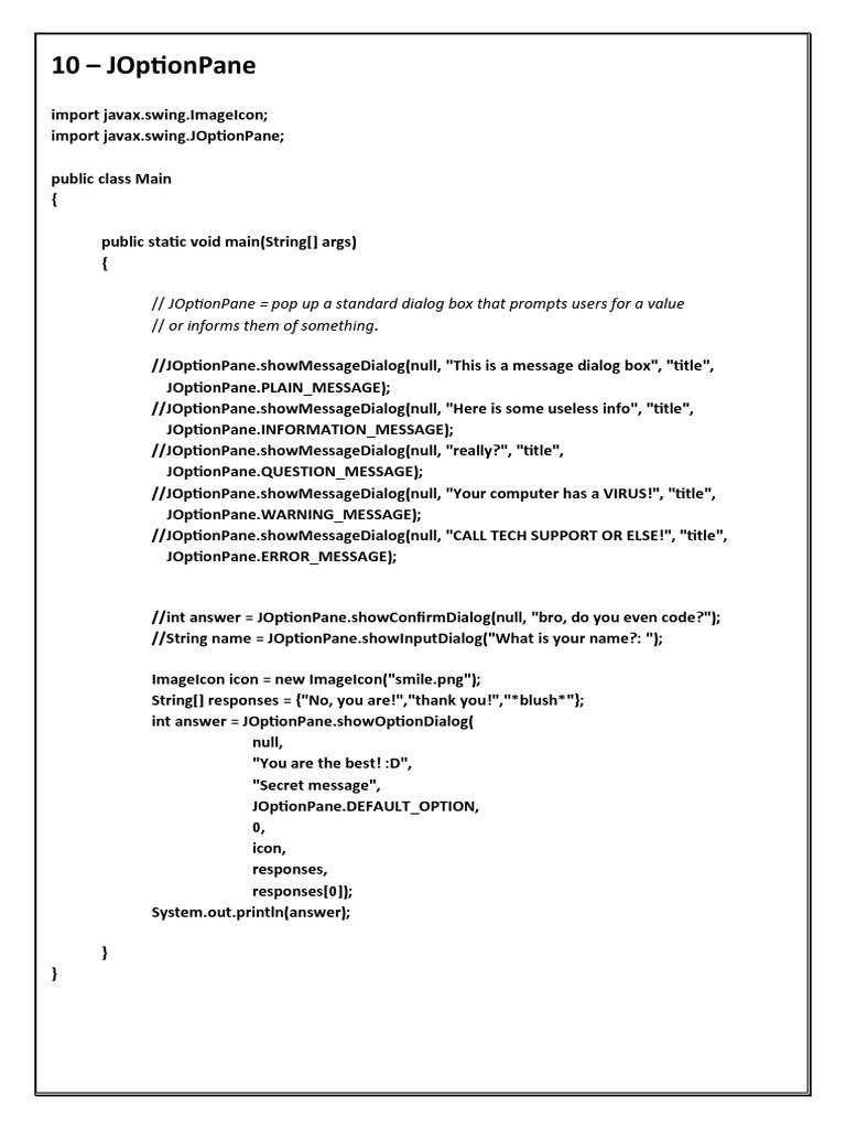 Exploring the JOptionPane Class for Creating Dialog Boxes in Java Applications | PDF