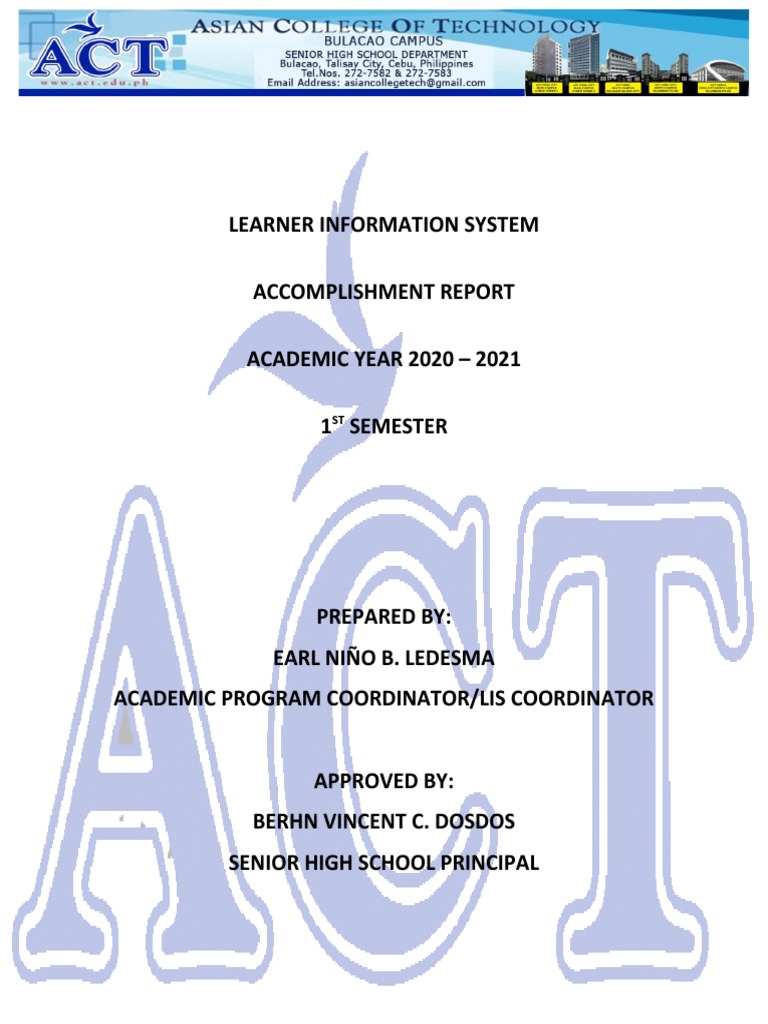 Learner Information System Accomplishment Report ACADEMIC YEAR 2020 ...