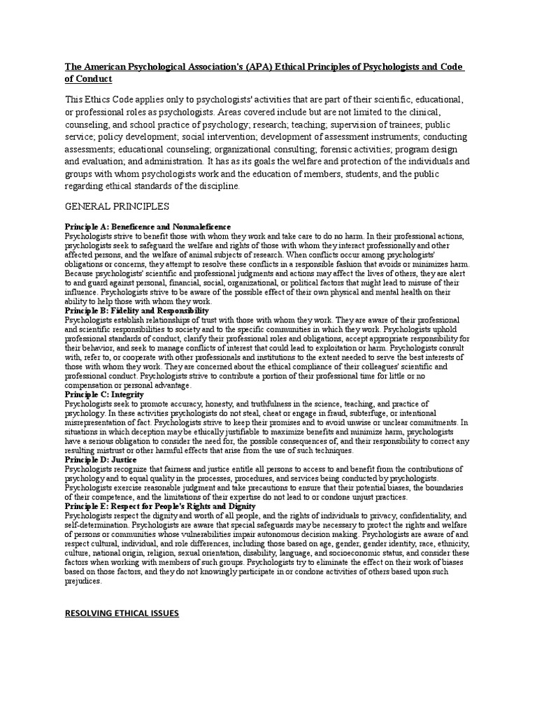 The American Psychological Association's (APA) Ethical Principles of ...