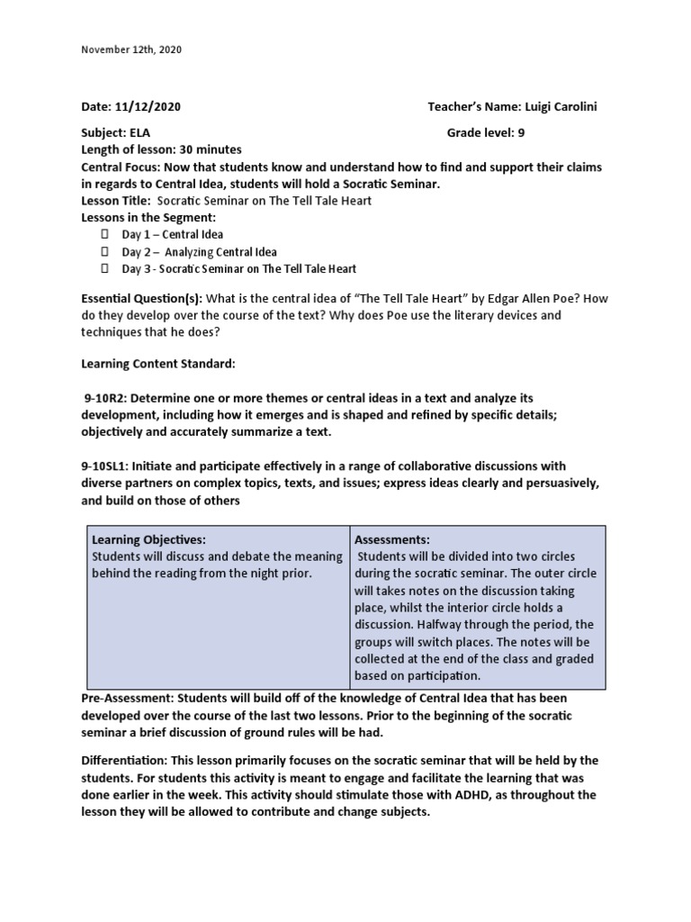 Socratic Seminar on "The Tell-Tale Heart" | PDF | Teachers | Behavior ...
