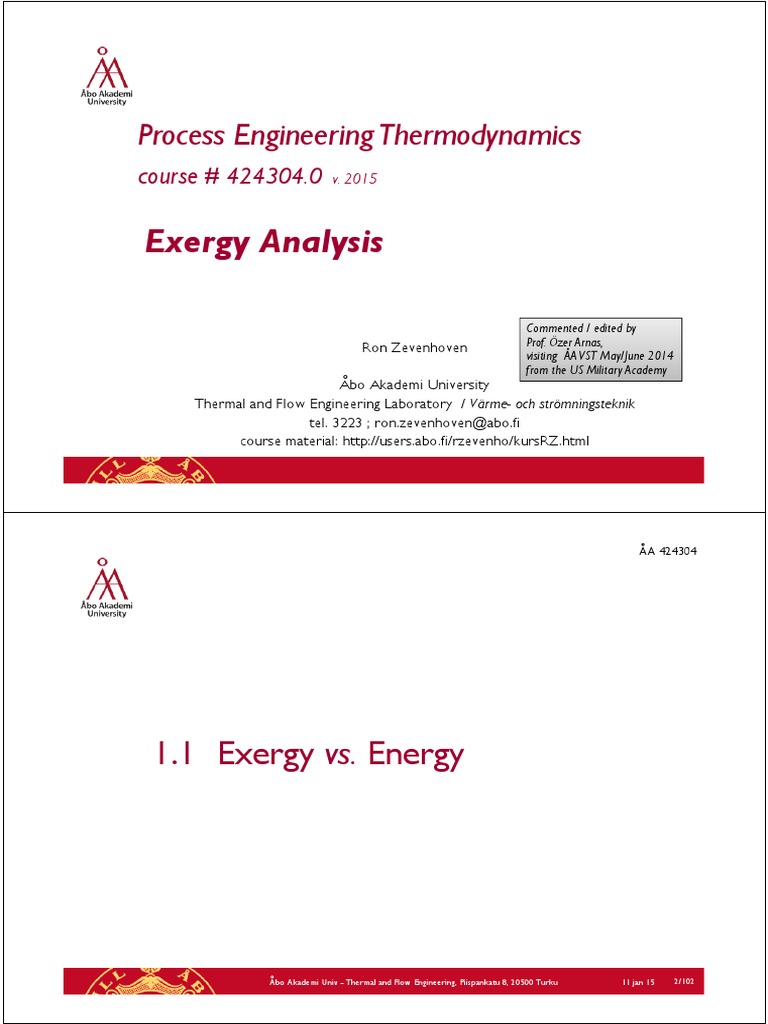 Exergy Analysis: Process Engineering Thermodynamics | PDF | Exergy | Heat