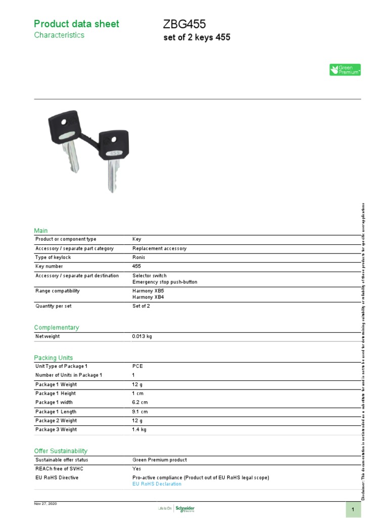 Product Data Sheet: Set of 2 Keys 455 | PDF
