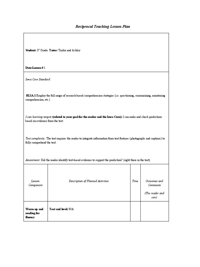Reciprocal Teaching Lesson Plan: Student | PDF | Reading Comprehension ...