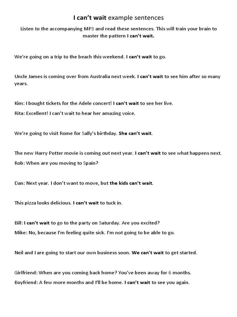 I Can't Wait Example Sentences | PDF | Mystery, Thriller & Crime Fiction