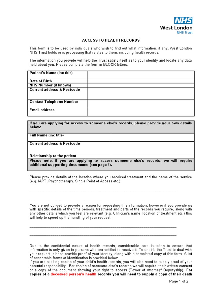 Access To Health Records Application Form v2 | PDF | Identity Document ...