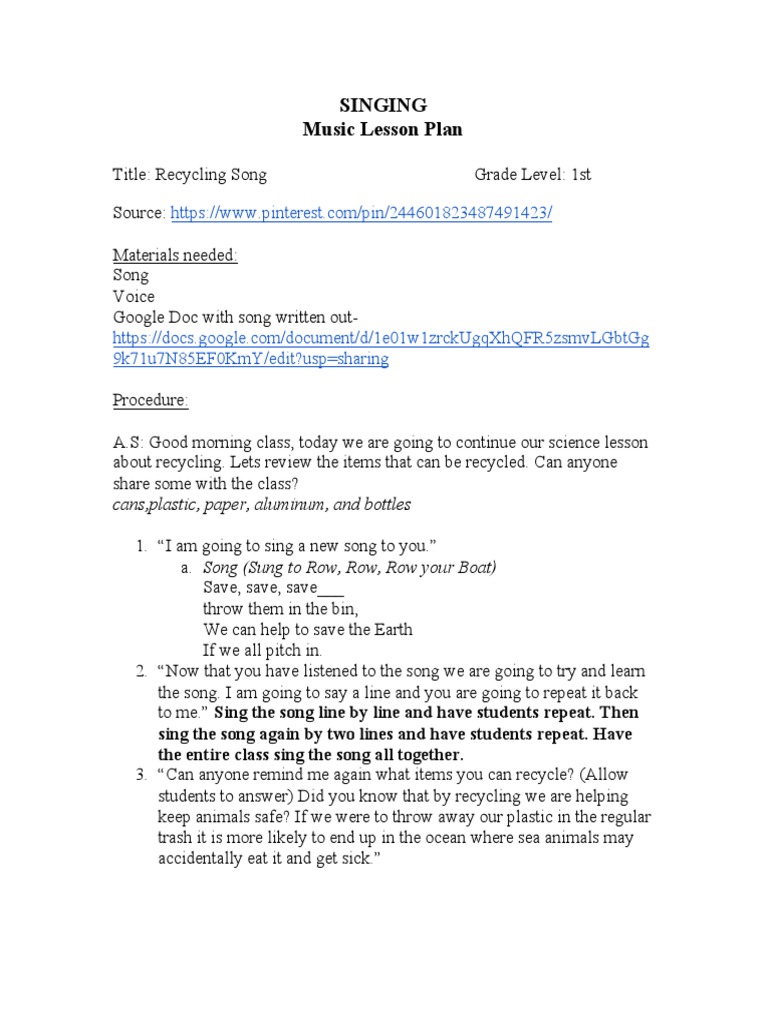 Recycling Song - Singing Lesson Plan