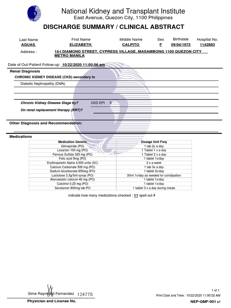 National Kidney and Transplant Institute: Discharge Summary / Clinical ...