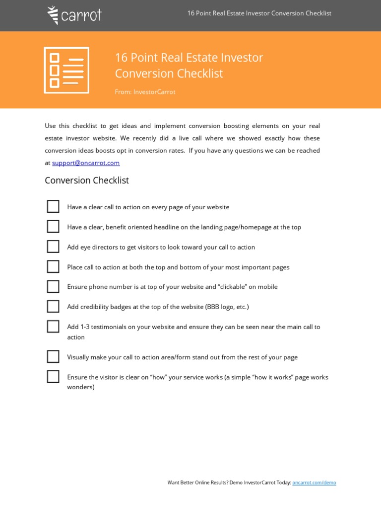 16 Point Real Estate Investor Conversion Checklist | PDF | Social Media | Popular Culture ...