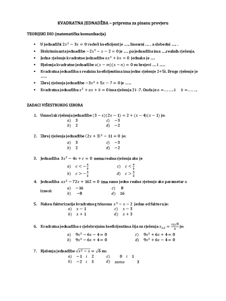 Kvadratna Jednadžba - Priprema Za PPZ | PDF