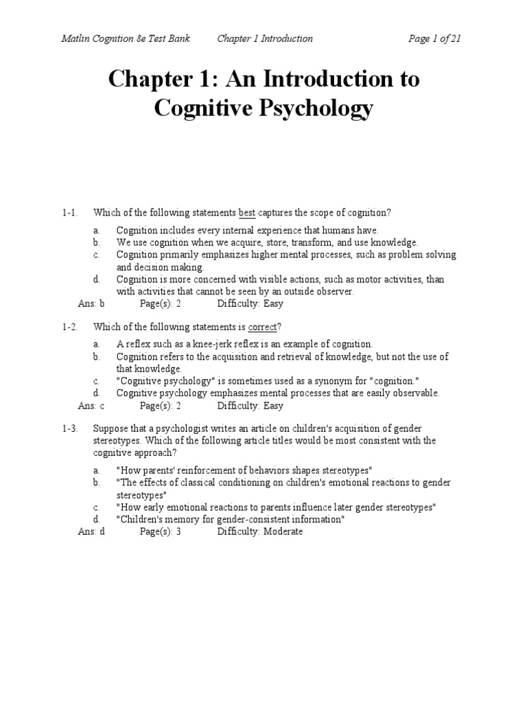 Cognitive MCQ PSYCHOLOGY | PDF | Cognitive Psychology | Behaviorism