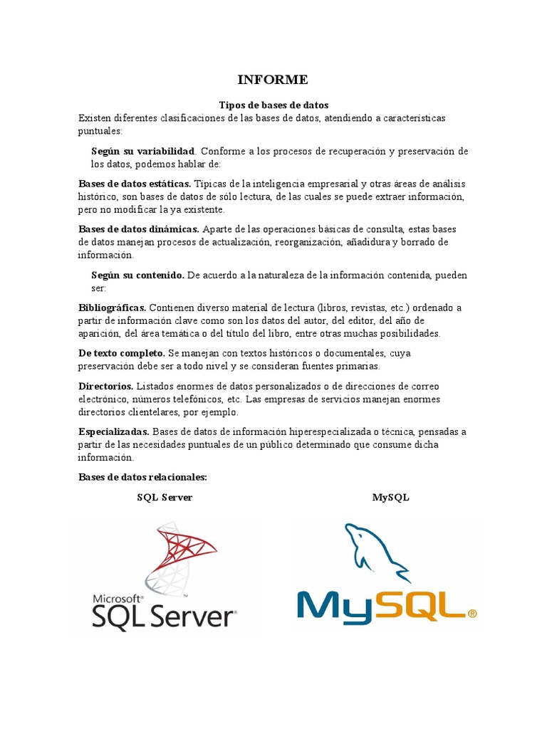 Informe de BD | PDF | Mi sql | Bases de datos