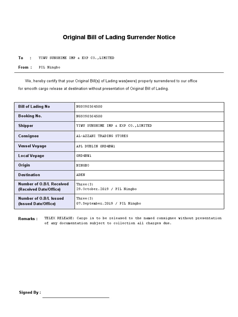 Original Bill of Lading Surrender Notice: To: From | PDF