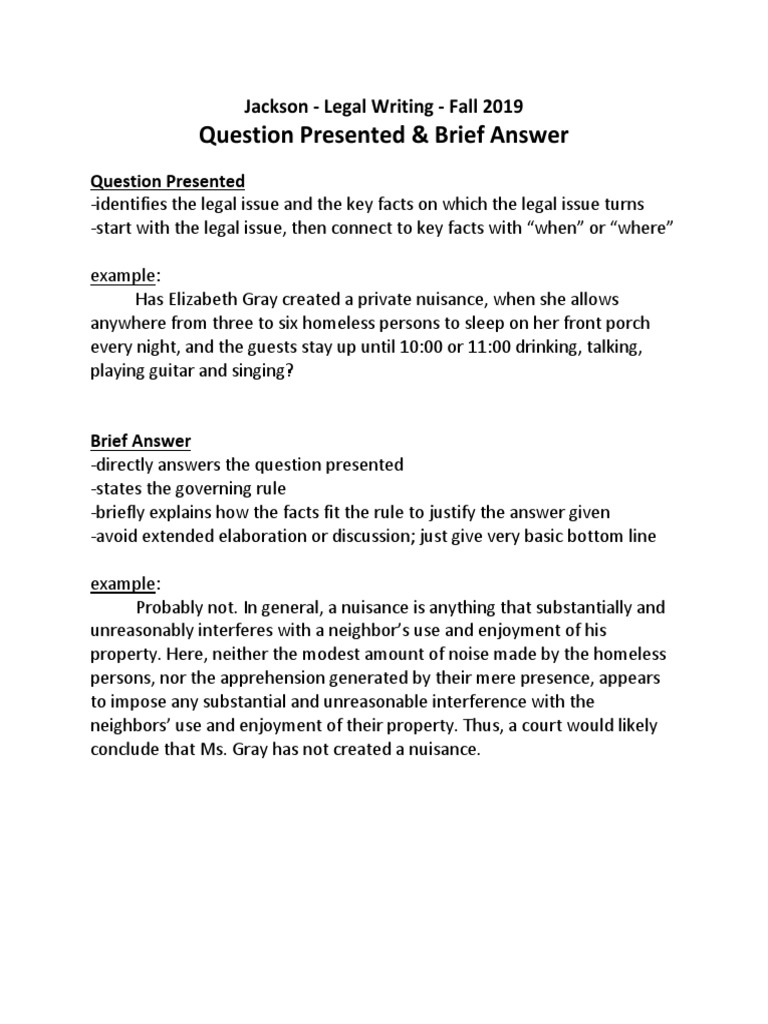 Question Presented & Brief Answer: Jackson - Legal Writing - Fall 2019 ...