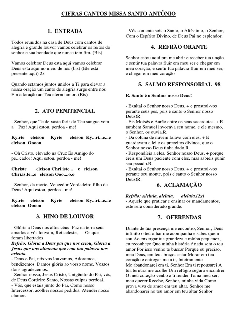 Folha de Canto Missa Santo Antonio PDF | PDF | Oração | Missa (liturgia) Folha de Canto Missa Santo Antonio PDF | PDF | Oração | Missa (liturgia)