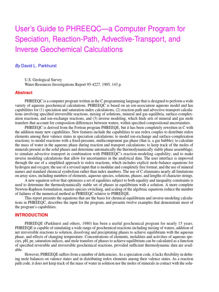 PHREEQC User's Guide for Geochemical Calculations | PDF | Chemical ...