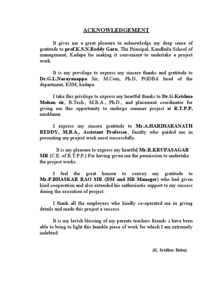 Acknowledgements for Project Work | PDF