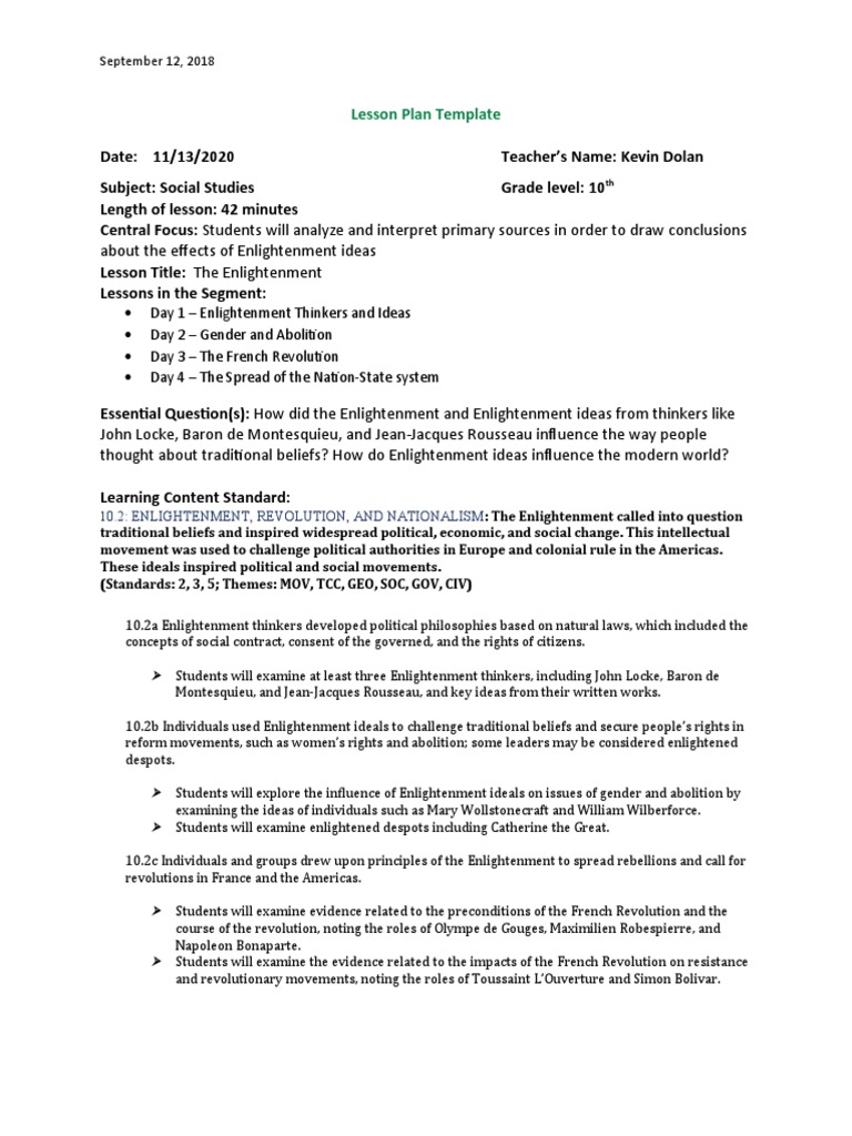 About The Effects of Enlightenment Ideas: Lesson Plan Template | PDF ...