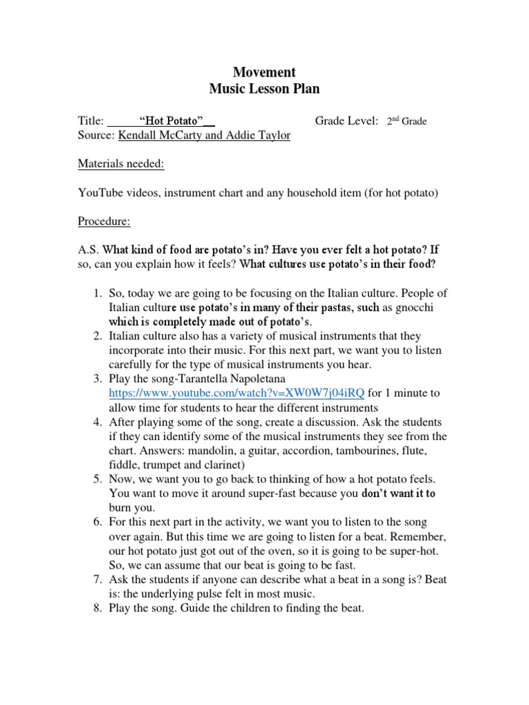 Movement Music Lesson Plan: 2 Grade | PDF | Cognitive Science ...