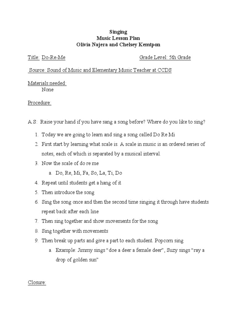 Singing Music Lesson Plan Olivia Najera and Chelsey Kemtpon | PDF ...