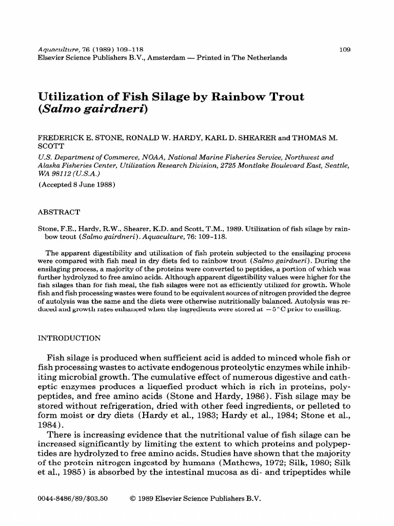 Utilization of Fish Silage by Rainbow Trout: (Salmo Gairdneri) | PDF ...