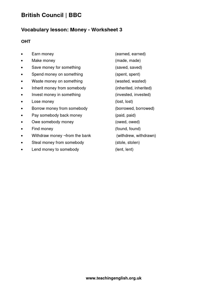 Money Vocabulary Worksheet | PDF | Social Science | Home & Garden