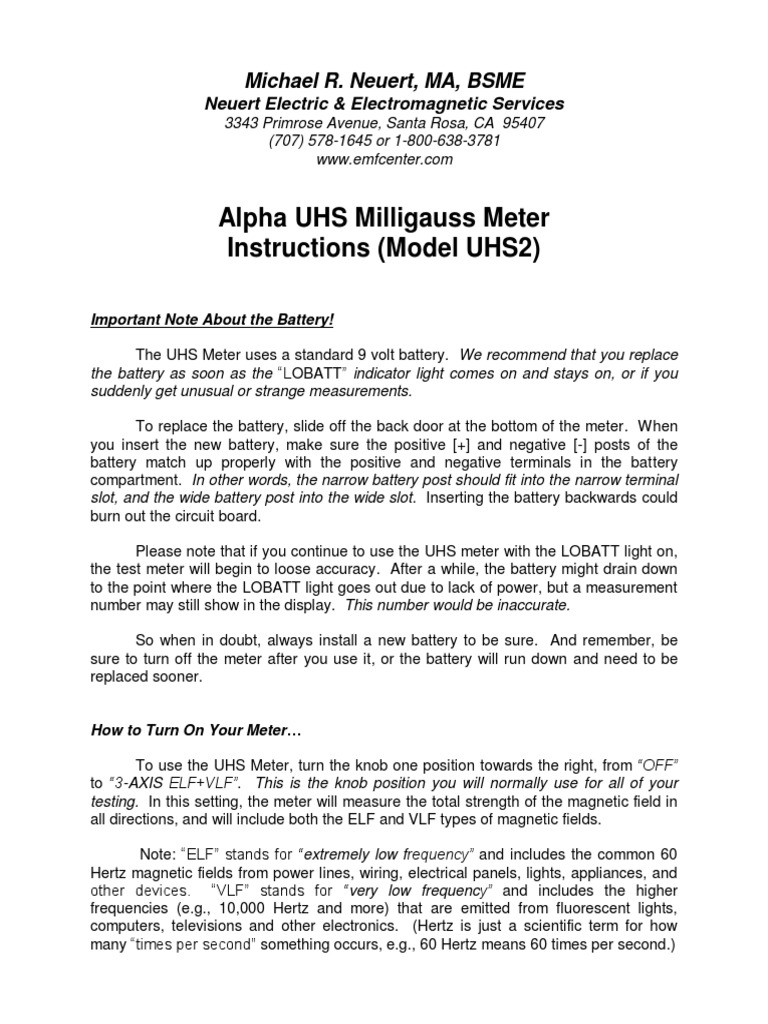Instructions For The Alpha UHS2 Milligauss Meter - Michael R. Neuert ...