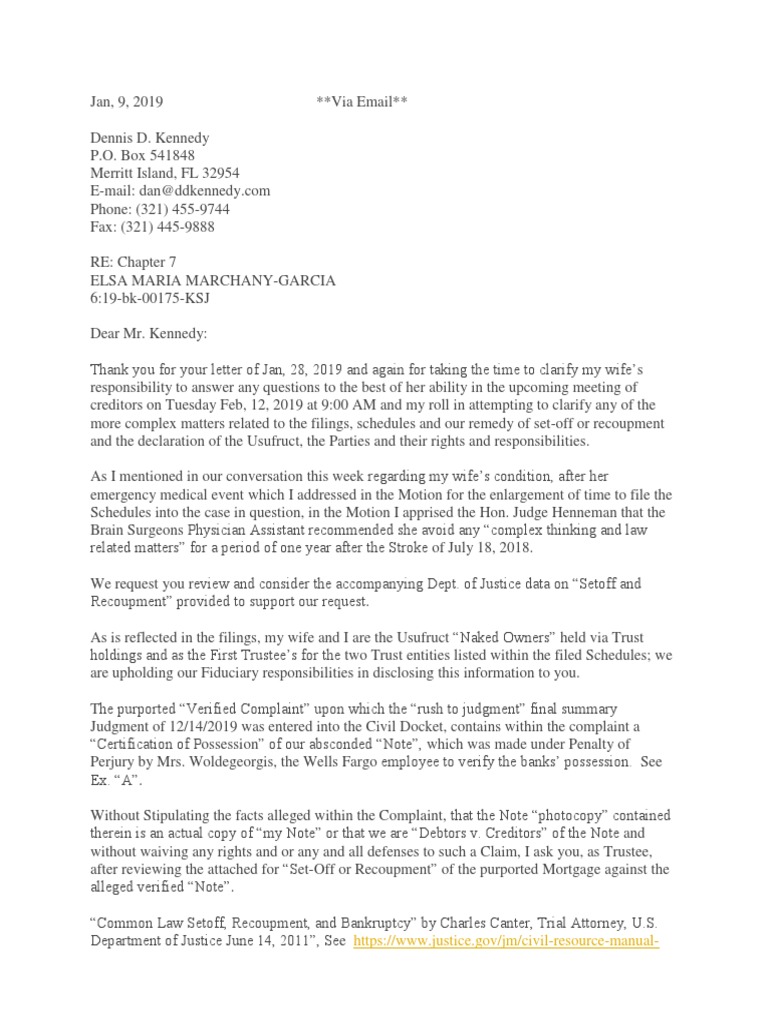 Trustee Letter Recoupment SetOff in BK Ch. 7 Letter Pre 314 Hearing. # ...