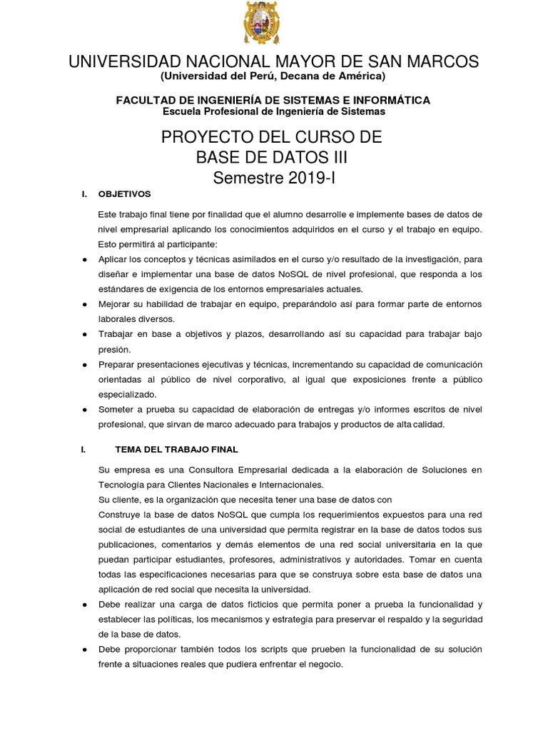 Proyecto Base de Datos III 2019 I | PDF | Bases de datos | Software
