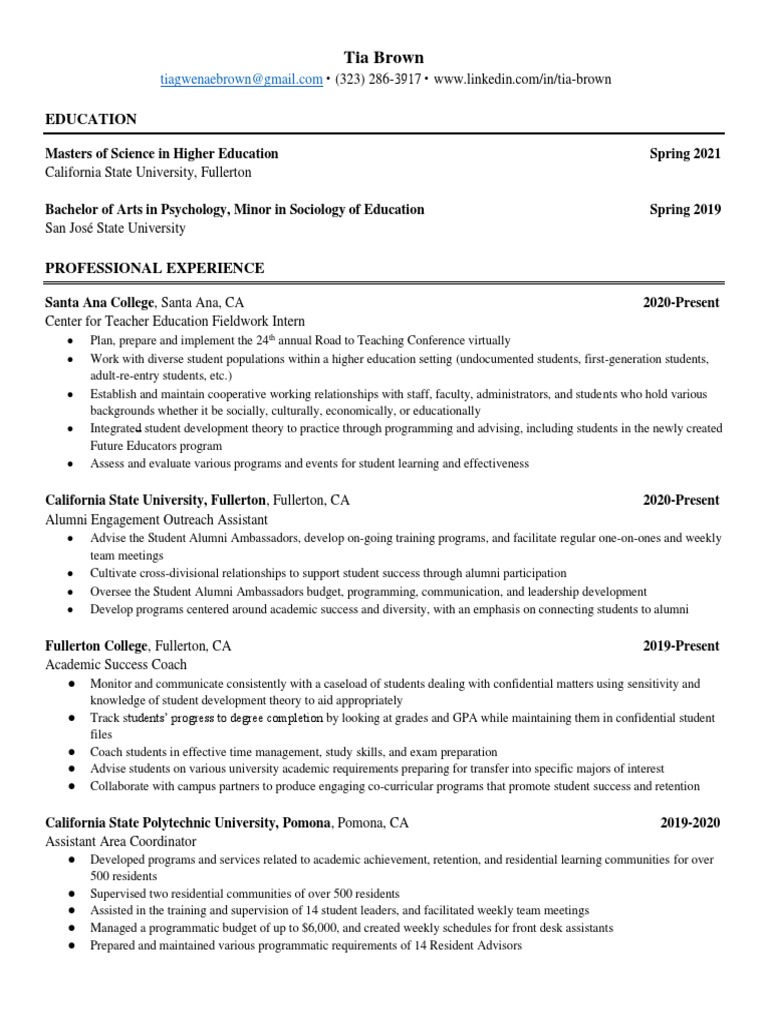 Csulb - Academic Advisor Resume 1 | PDF | Higher Education | Leadership