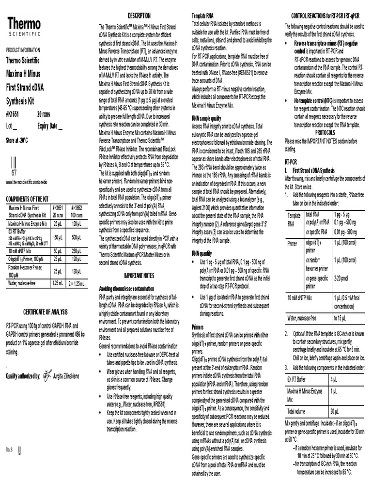 Maxima H Minus First Strand cDNA Synthesis Kit: Thermo Scientific | PDF ...