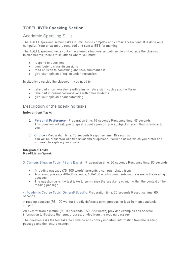 TOEFL iBT Speaking Format | Download Free PDF | Test Of English As A ...