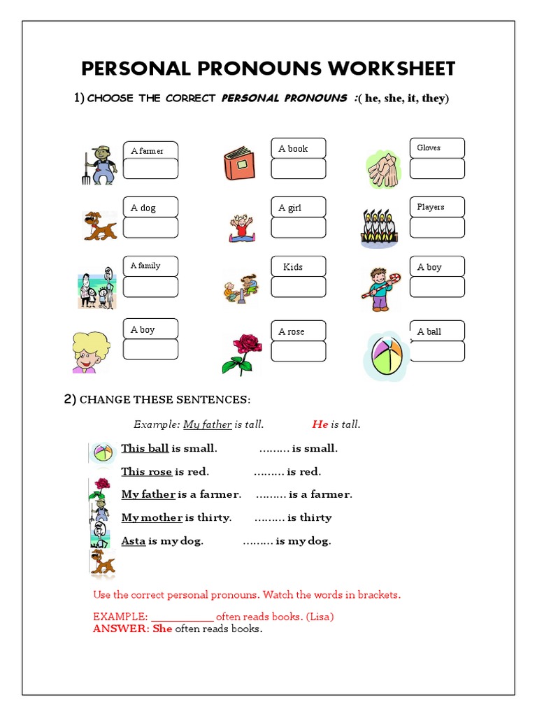 Personal Pronouns Worksheet:: (He, She, It, They) | PDF | Morphology ...