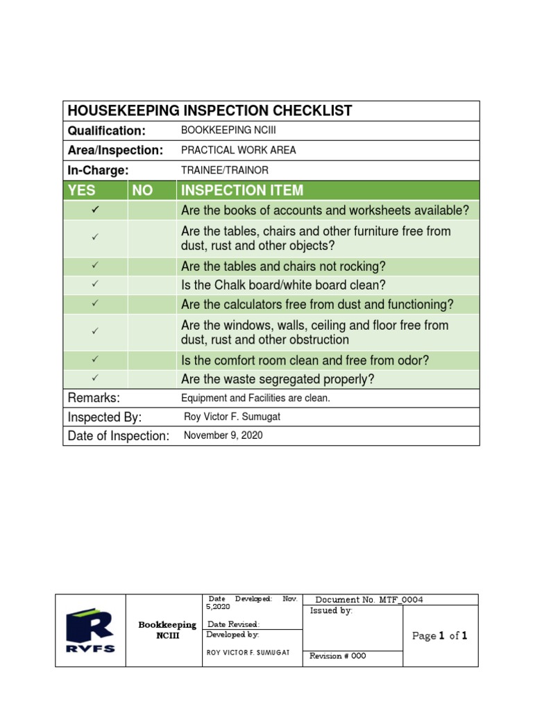 RVFS - HOUSEKEEPING INSPECTION CHECKLIST - Rev 1 | PDF