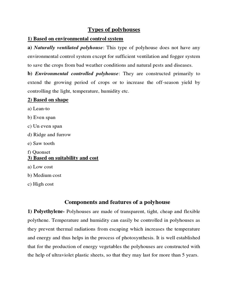 Types, Components and Features of Polyhouse PDF | PDF | Soil | Irrigation