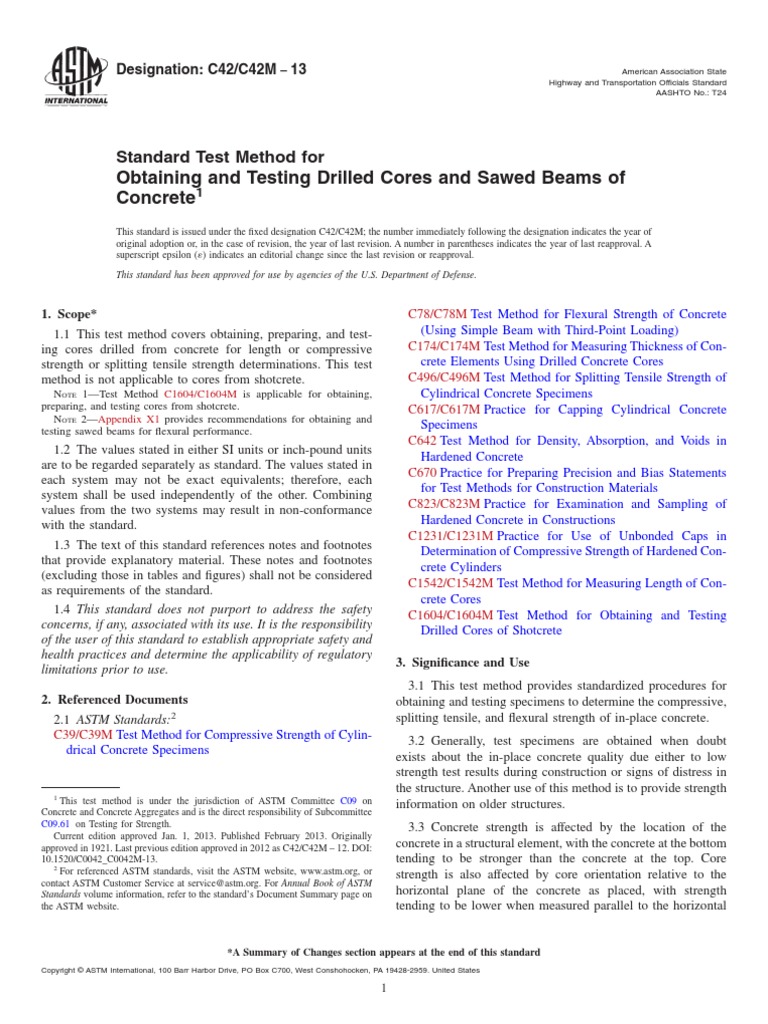 Astm C 42 - C 42M - 13 PDF | PDF | Strength Of Materials | Concrete
