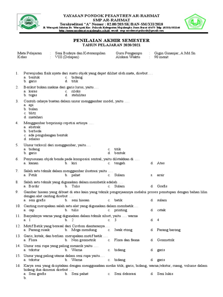 Soal PAS SBK Kelas 8 | PDF