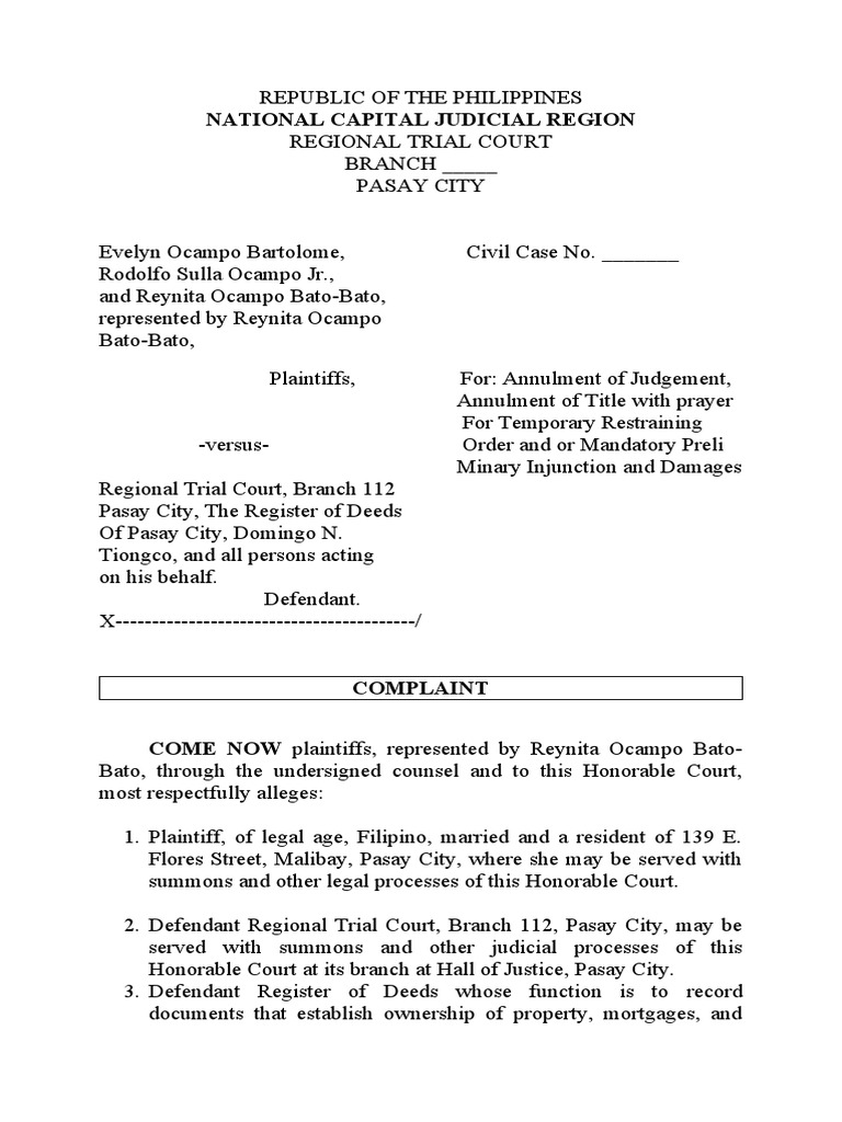 Annulment of Judgment, Annulment of Contract With TRO and Damages | PDF | Injunction | Damages