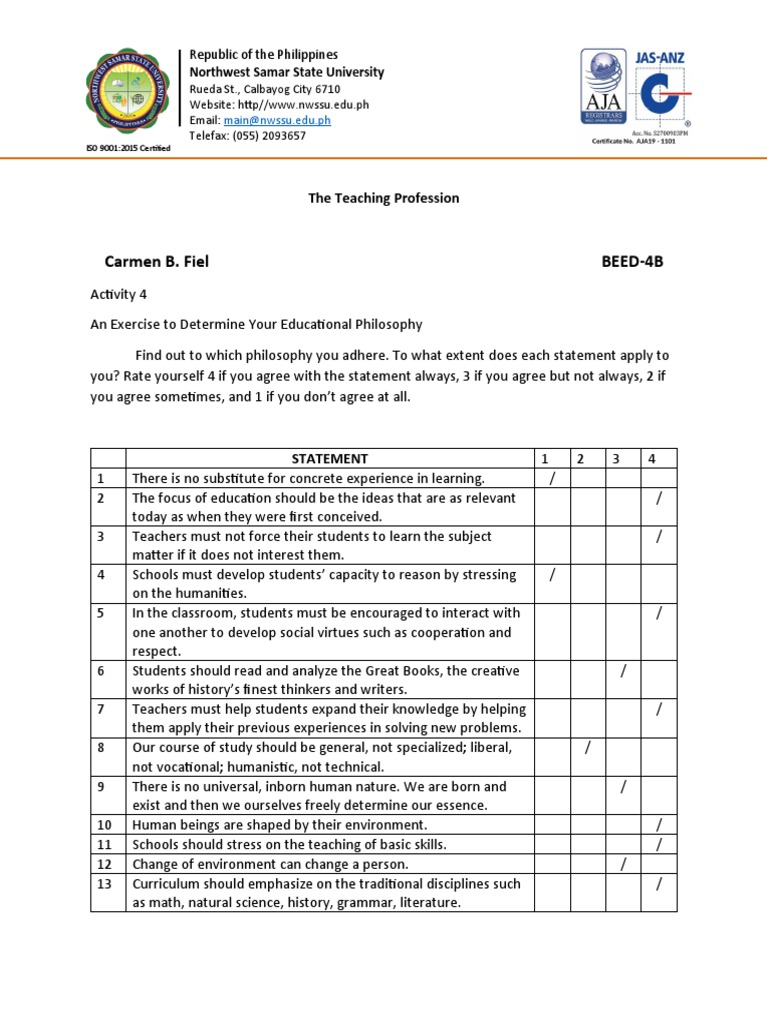 Carmen B. Fiel Beed-4B: The Teaching Profession | PDF | Philosophy Of Education | Teachers