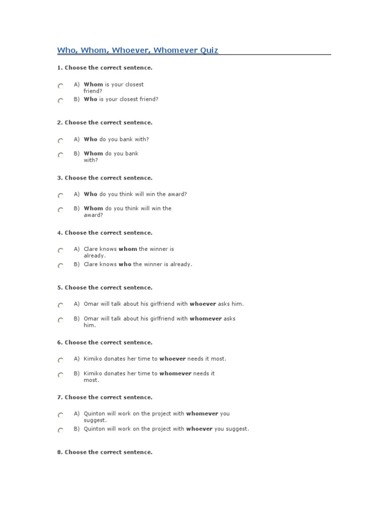 Who, Whom, Whoever, Whomever Quiz | PDF | Subject (Grammar) | Verb